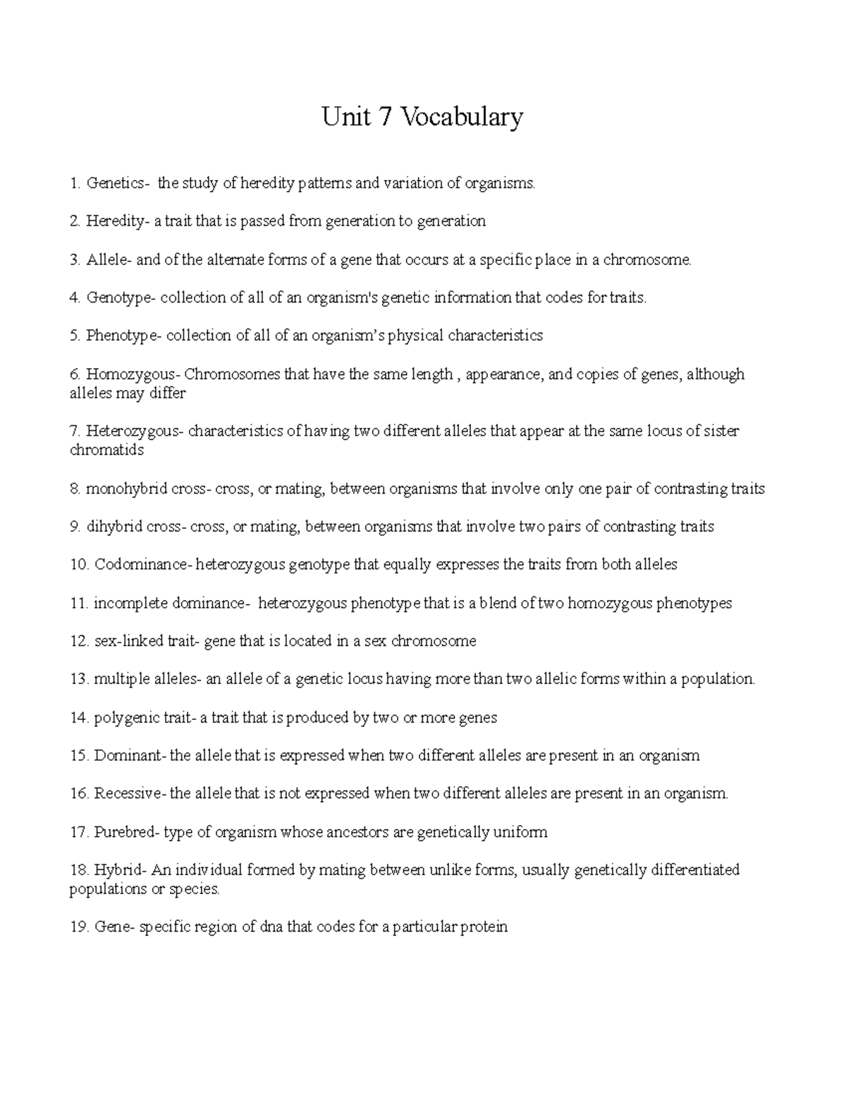 Unit 7 Vocabulary - Unit 7 Vocabulary Genetics- the study of heredity ...
