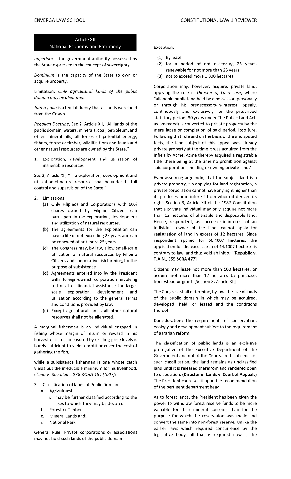 Article XII 1987 Philippine Constitution Reviewer - ENVERGA LAW SCHOOL ...