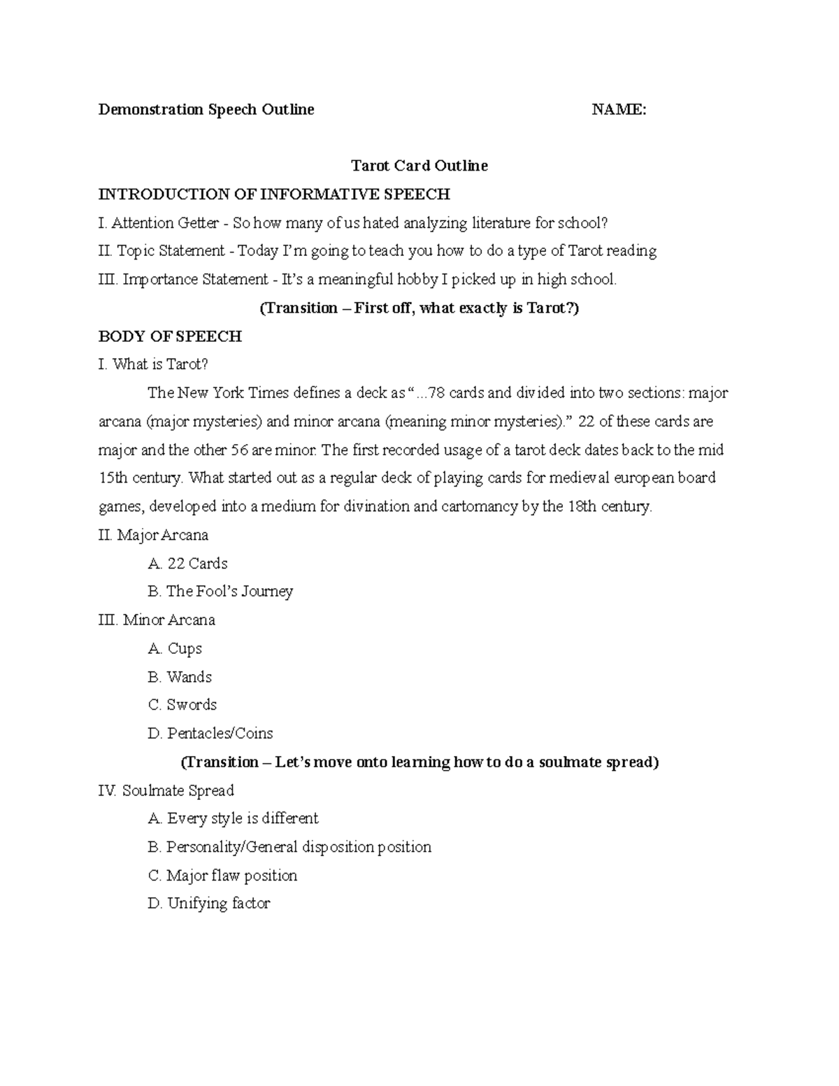 Demonstration Outline - Demonstration Speech Outline NAME: Tarot Card ...