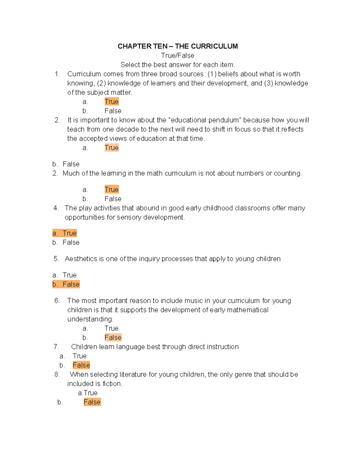 Chapter 10 quiz (early) - CHAPTER TEN – THE CURRICULUM True/False ...