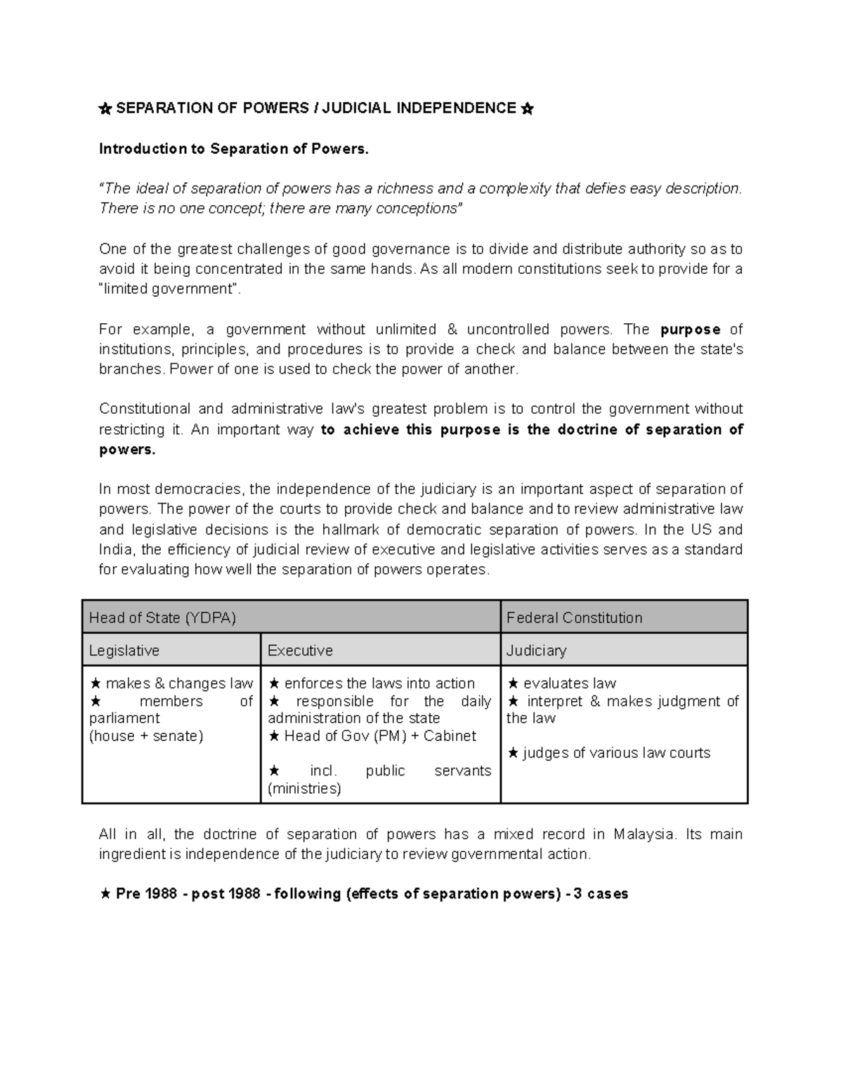 Separation of powers (3 significant cases) - SEPARATION OF POWERS / JUDICIAL INDEPENDENCE - Studocu