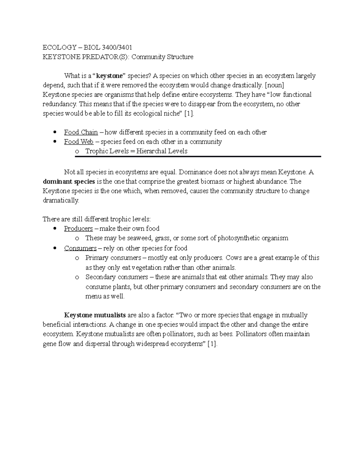 Keystone Predator Ecology Notes - ECOLOGY – BIOL 3400/ KEYSTONE ...
