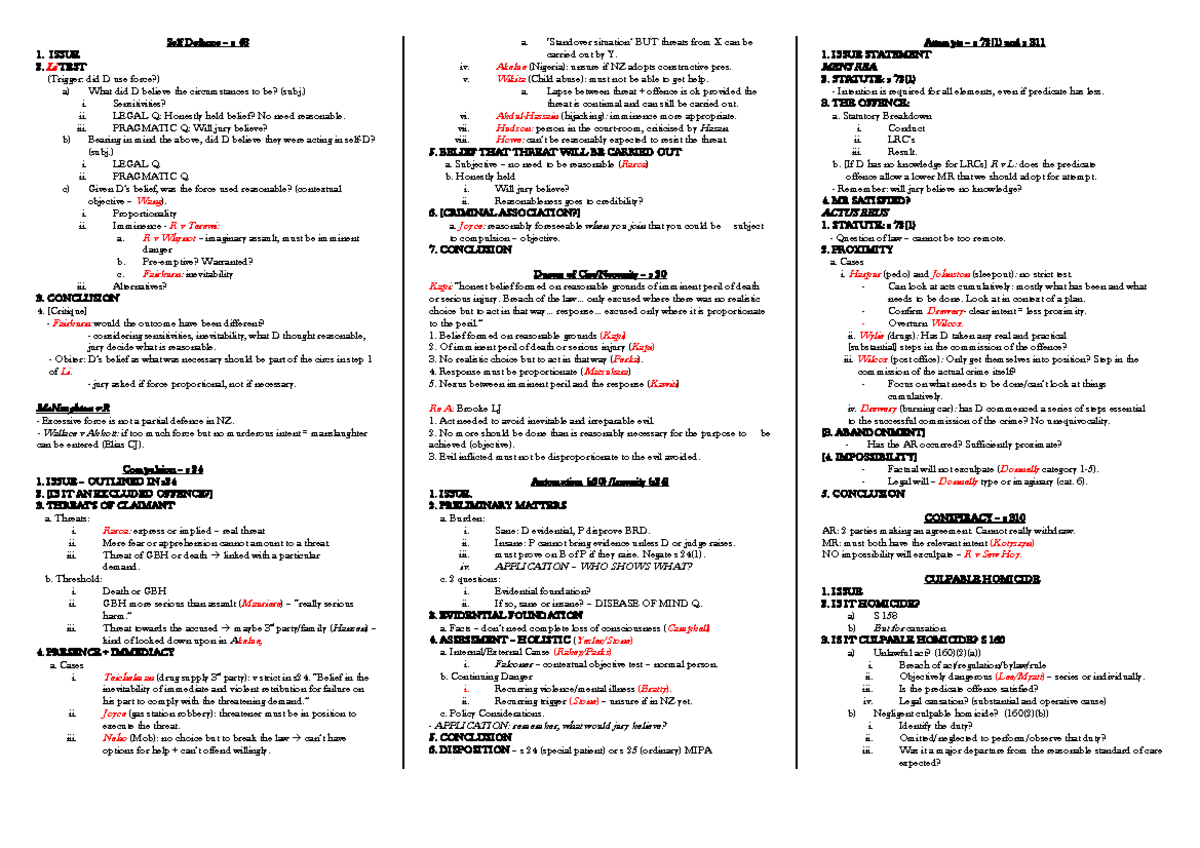 Crimes EXAM Cheat Sheet - Self Defence – s 48 ISSUE Li TEST (Trigger ...