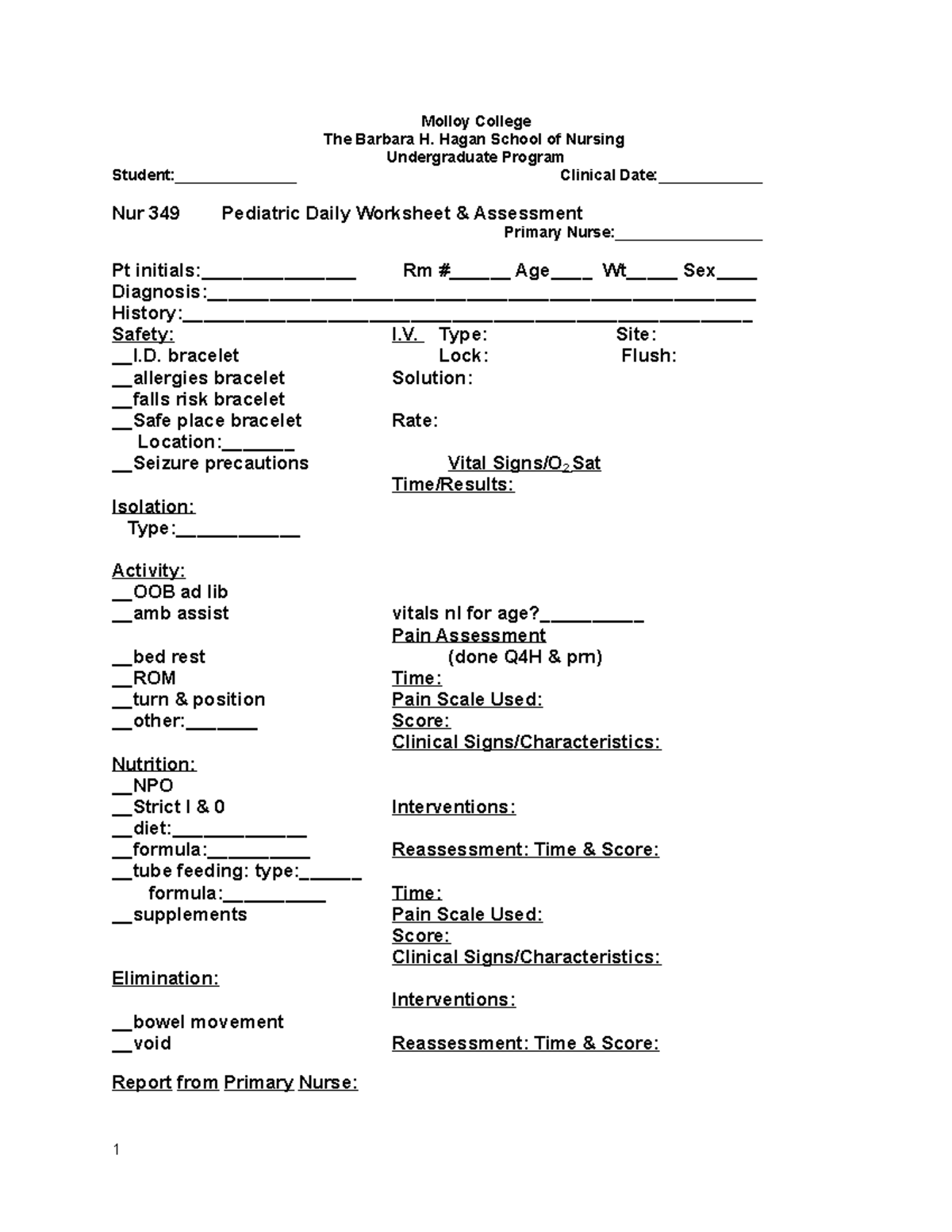 Pediatric worksheet - clinical assignment - NUR 3490 - Studocu