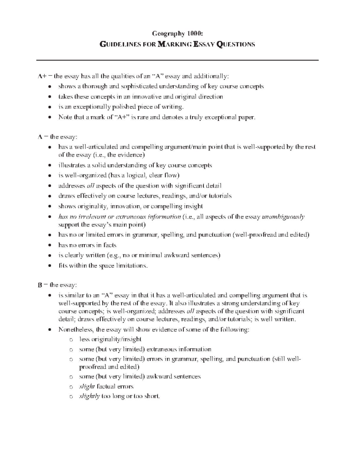 Geog1000- Guidelines for Marking Essays - ☎ ☛ ☞ - Studocu