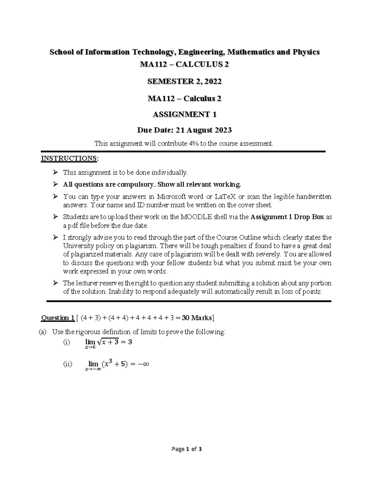 A2 MA112 - Page 1 of 3 INSTRUCTIONS: This assignment is to be done individually. All questions ...