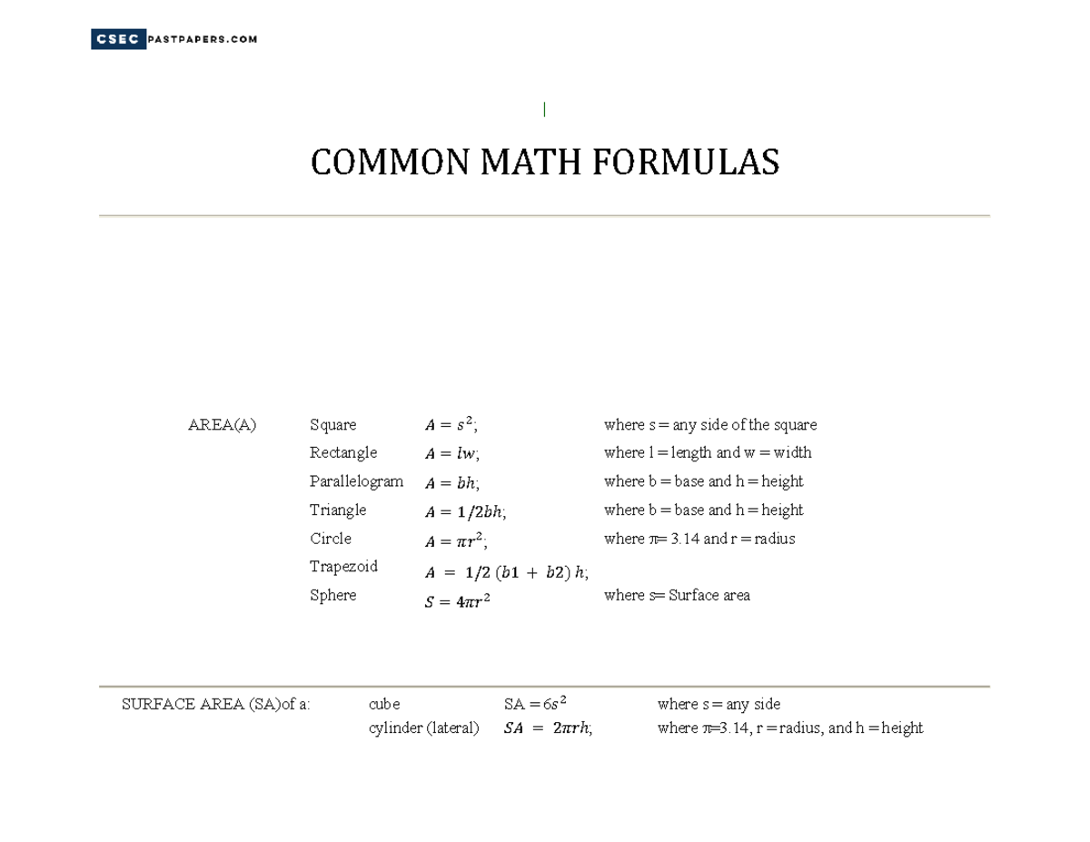 Common Formulas - Just some stuff u might need to know - | COMMON MATH ...
