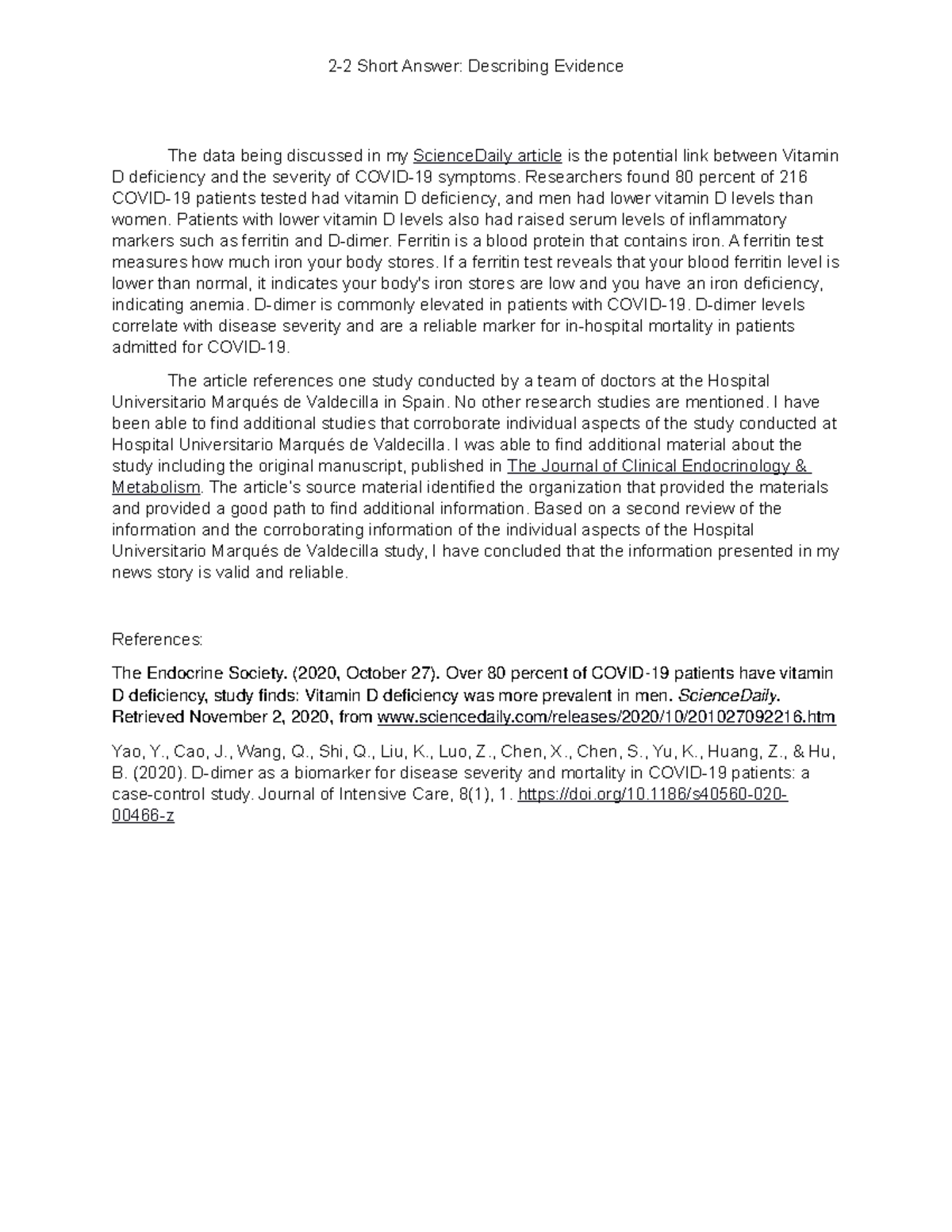 SCI100 2-2 Short Answer Describing Evidence - 2-2 Short Answer ...