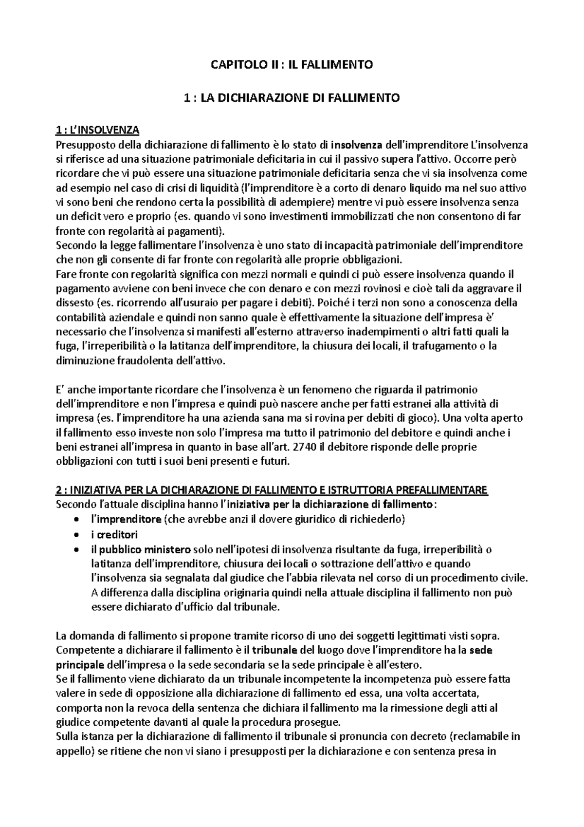 Fallimento - CAPITOLO II : IL FALLIMENTO 1 : LA DICHIARAZIONE DI ...