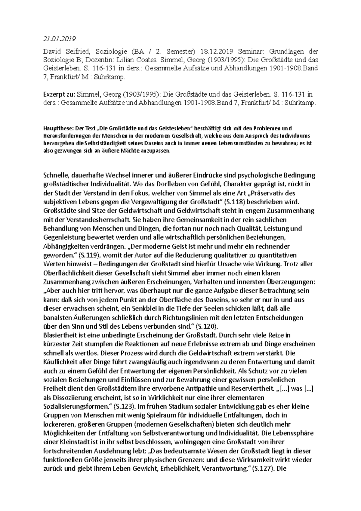 Simmel Großstädte Seifried - 21. David Seifried, Soziologie (BA / 2 ...