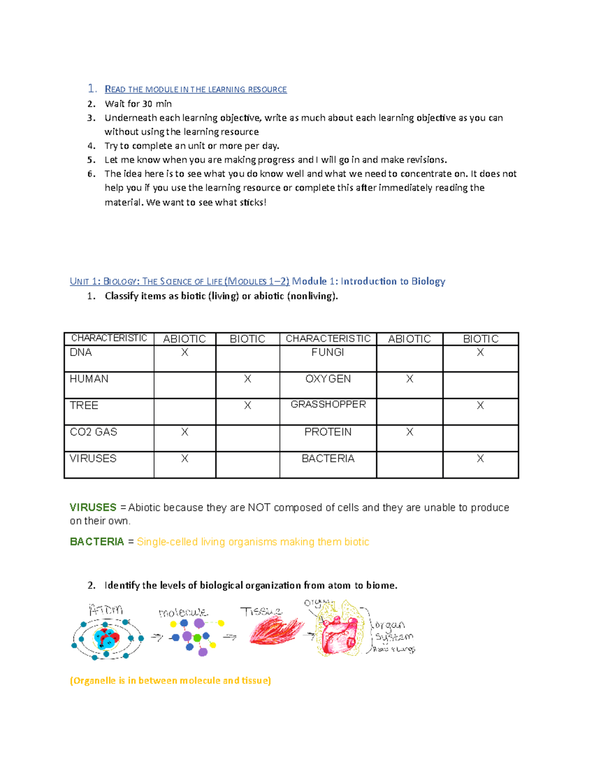 Bio Study Guide - Introduction to Biology - 1. R EAD THE MODULE IN THE ...