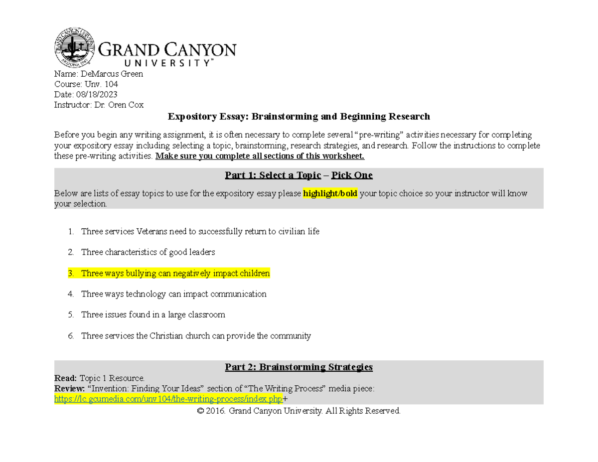 UNV-104-RS-T1-Brainstorming and Beginning Research Worksheet complete ...