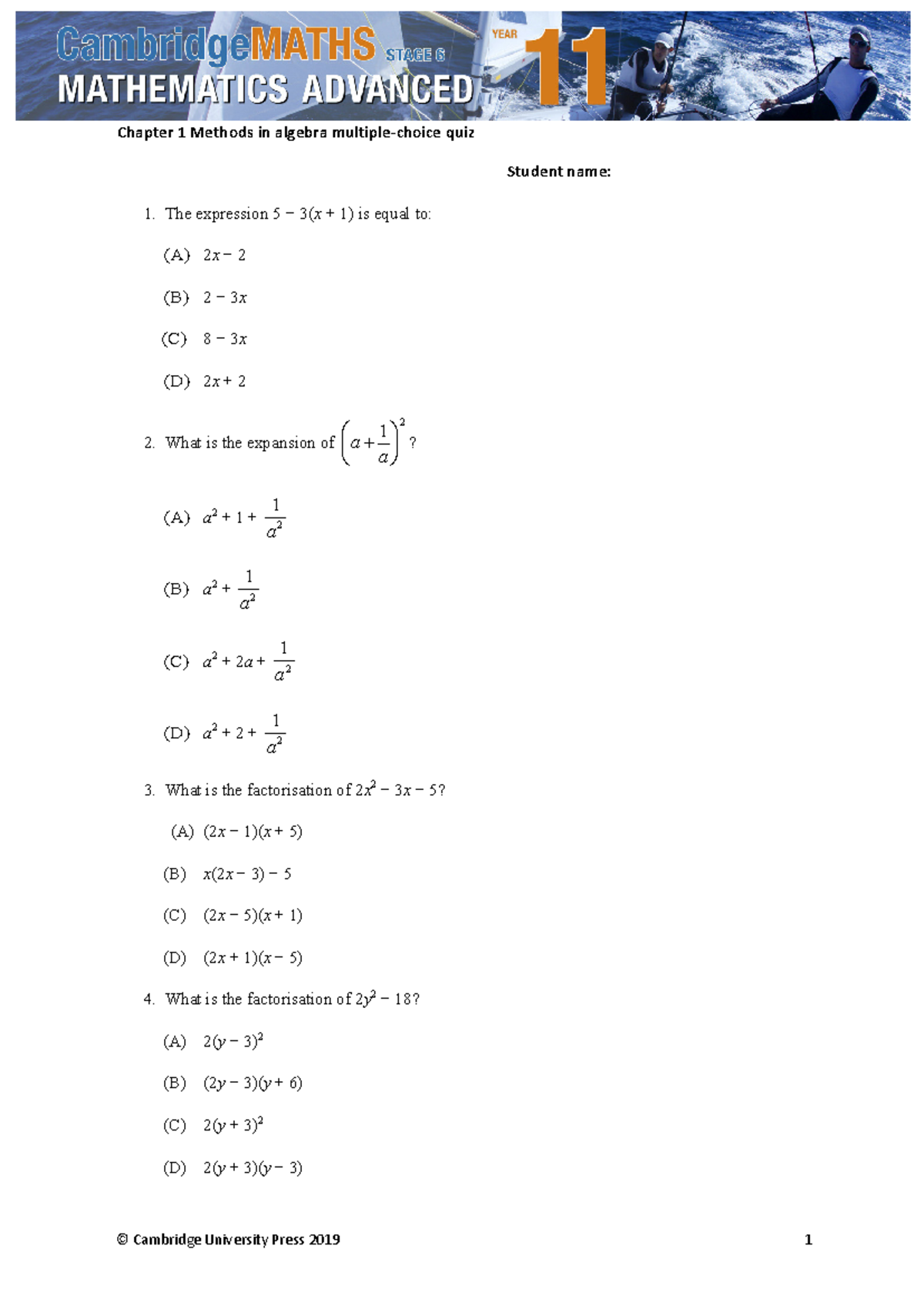 Chapter 1 multiple choice quiz - Chapter 1 Methods in algebra multiple ...