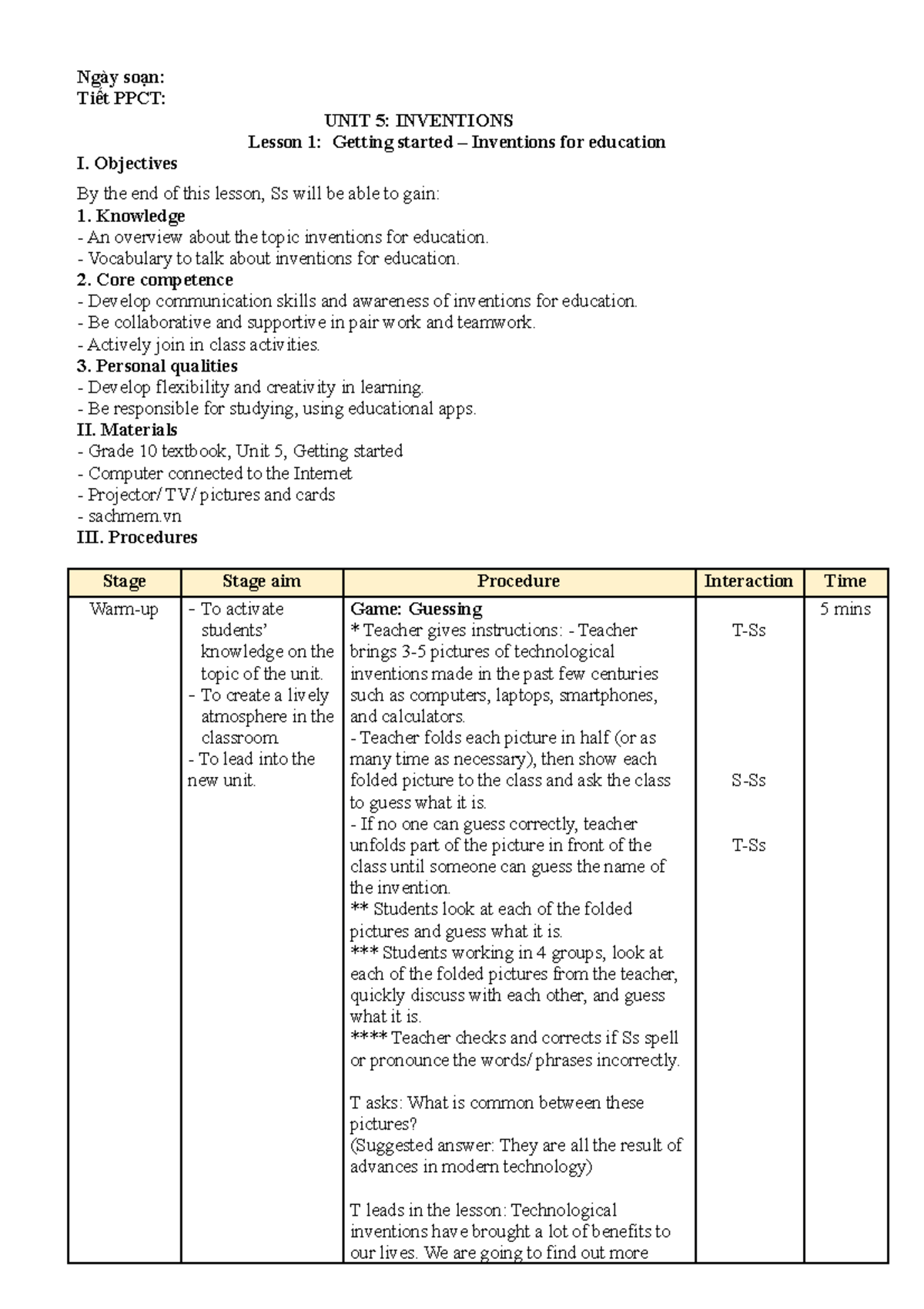 UNIT 5 Invention - Tầi liệu ôn tập - Ngày soạn: Tiết PPCT: UNIT 5 ...