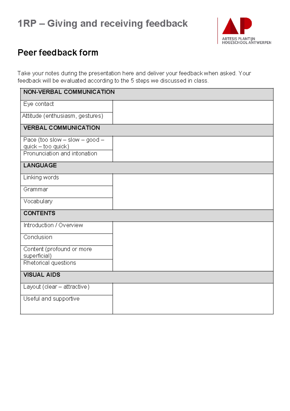 Peer feedback form RP - 1RP – Giving and receiving feedback Peer ...