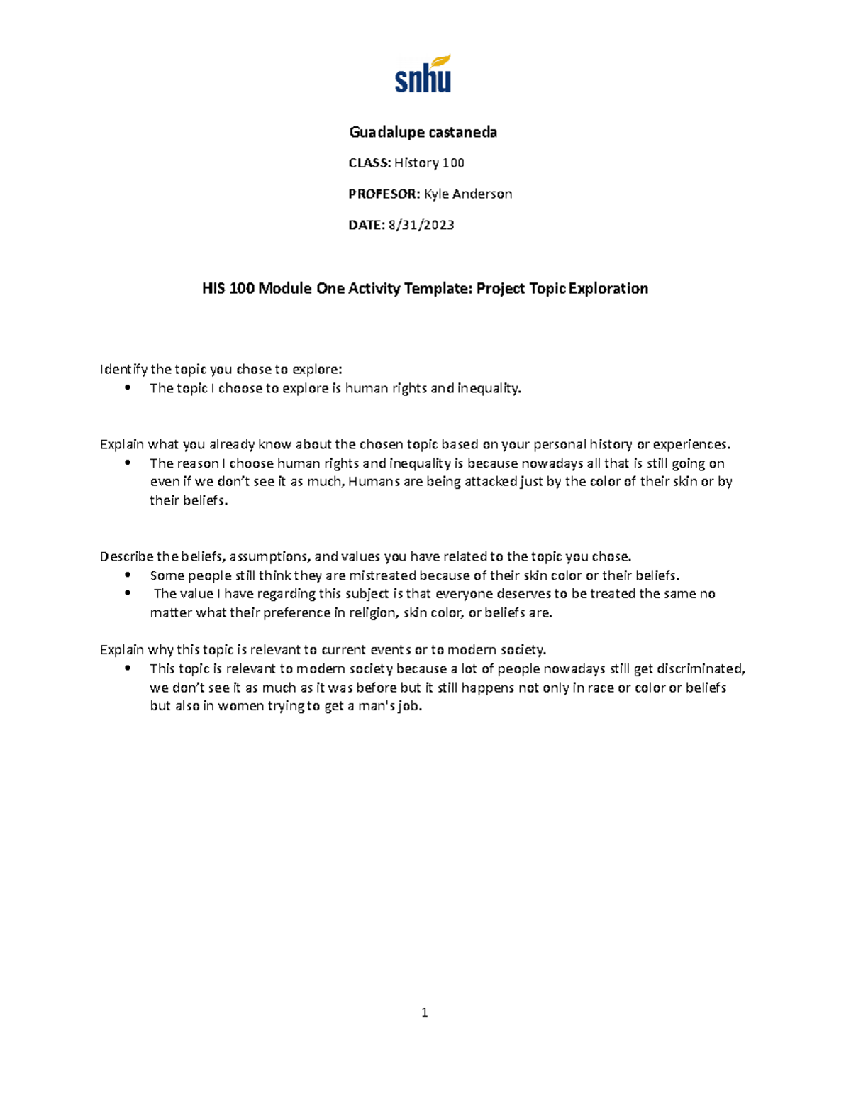 HIS 100 Module One Activity Template - Explain what you already know ...