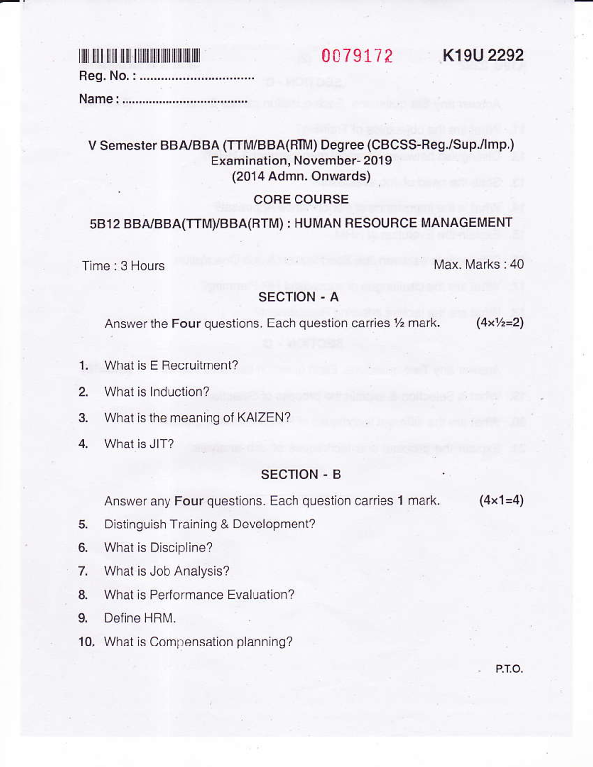 Bba v nov2019 human resource management - Reg, No ...