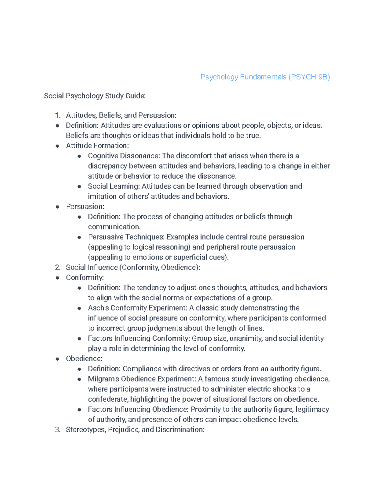 Psychology Fundamentals (PSYCH 9B) Social Psychology Study Guide ...