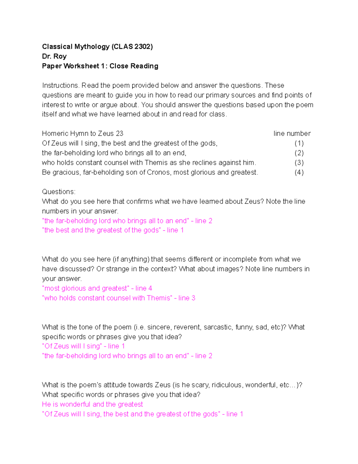 Classical Mythology Homework - Classical Mythology (CLAS 2302) Dr. Roy ...