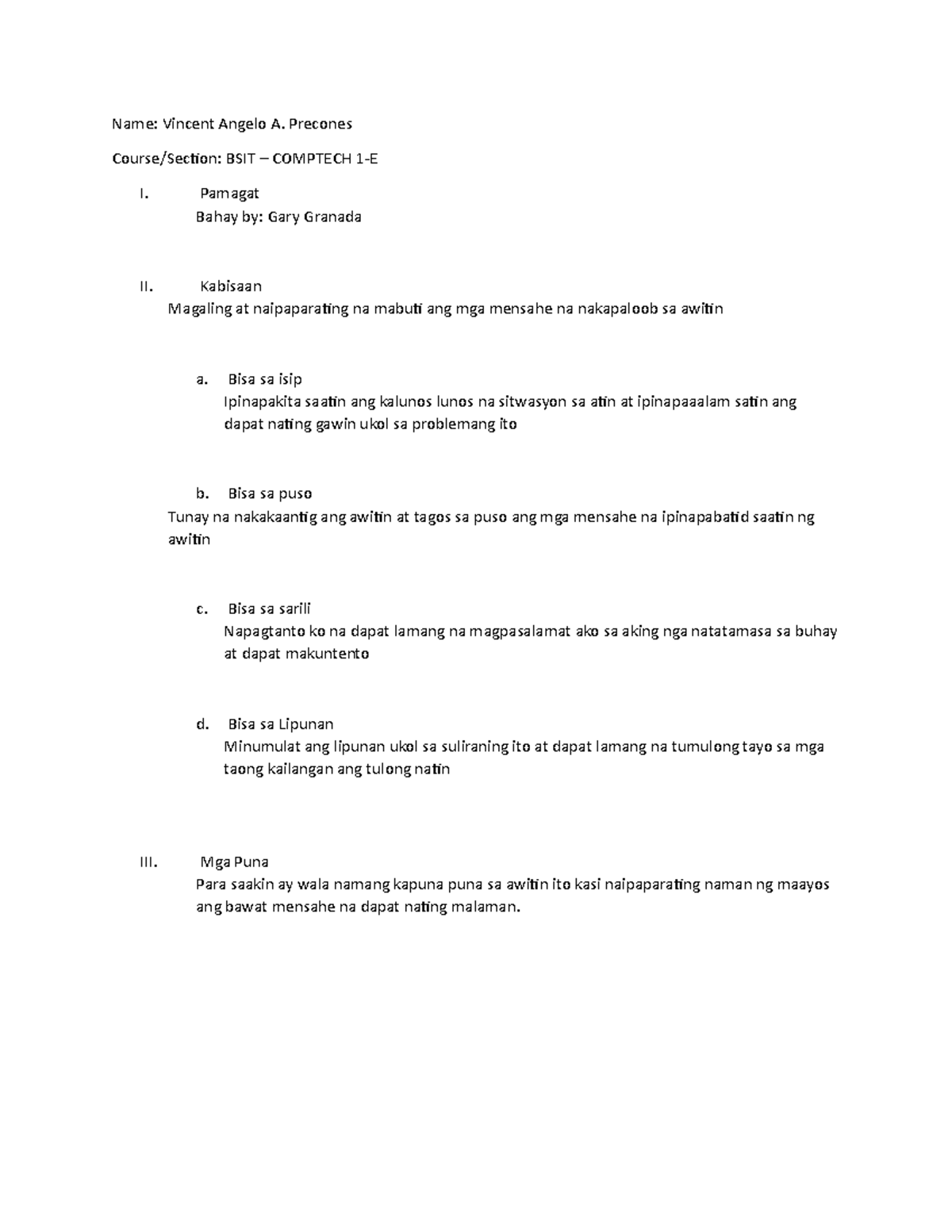 FILN2 Final Exam - College Lecture - Name: Vincent Angelo A. Precones Course/Section: BSIT ...