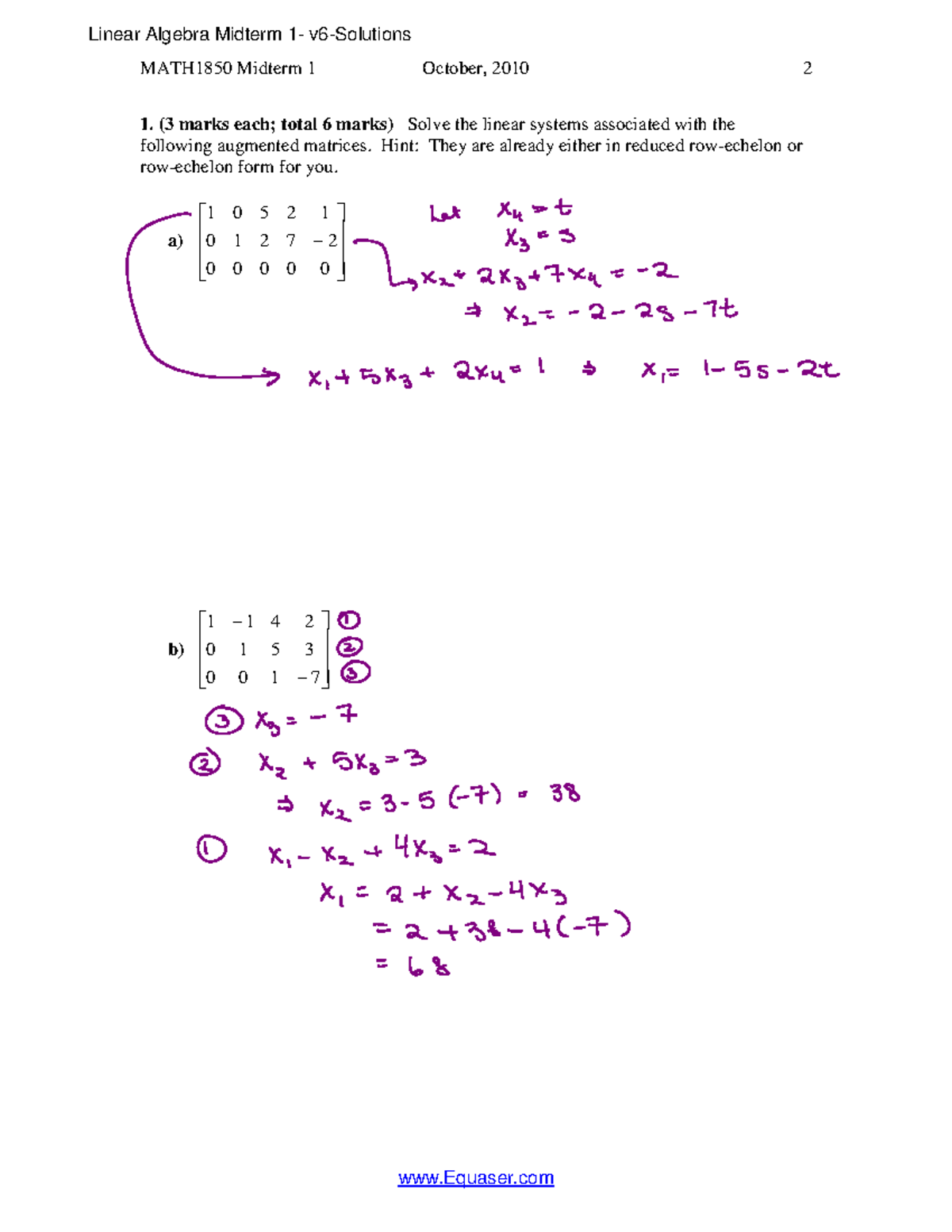 Midterm 01 2012, questions and answers - MATH1850 Midterm 1 October ...