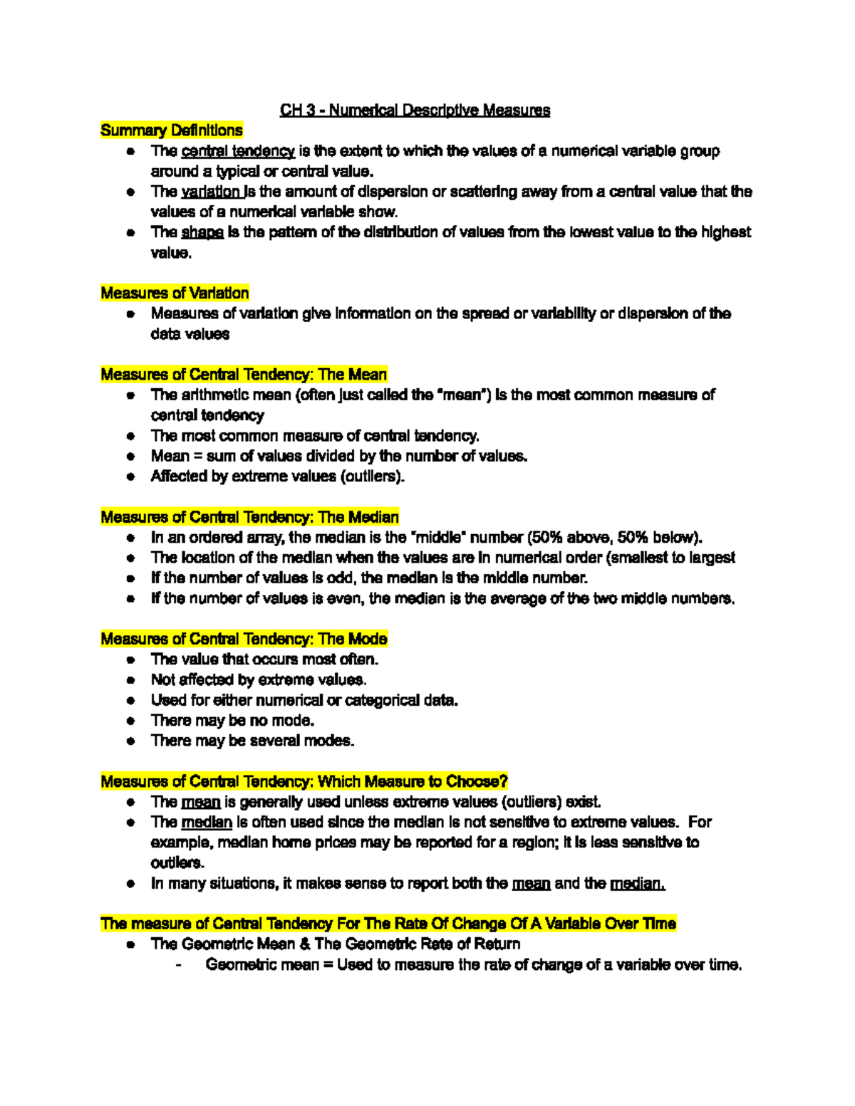CH 3 Notes Stat - Measures of Variation, Measures of Central Tendency ...