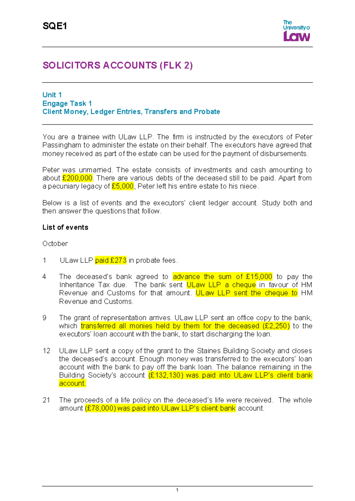 Solicitors Accounts engage task 1 - SOLICITORS ACCOUNTS (FLK 2) Unit 1 ...