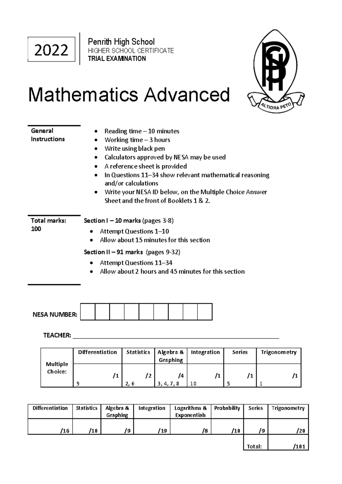 2022 math adv trial - Mathematics Advanced General Instructions Reading ...