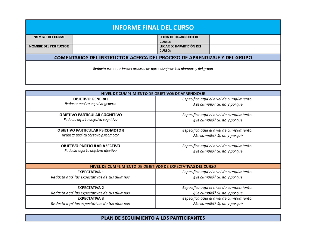 Informe Final DEL Curso EC0127.01 - INFORME FINAL DEL CURSO NOMBRE DEL CURSO FECHA DE DESARROLLO ...
