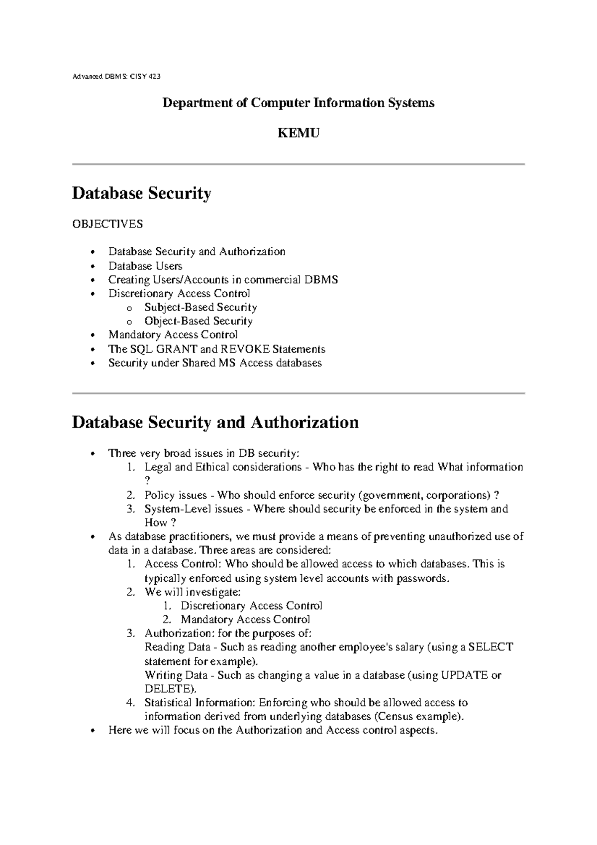 Database Security - Advanced DBMS: CISY 423 Department of Computer ...