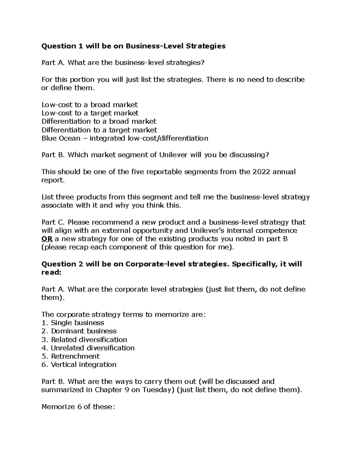 Exam 2 study guide v2 - Question 1 will be on Business-Level Strategies ...