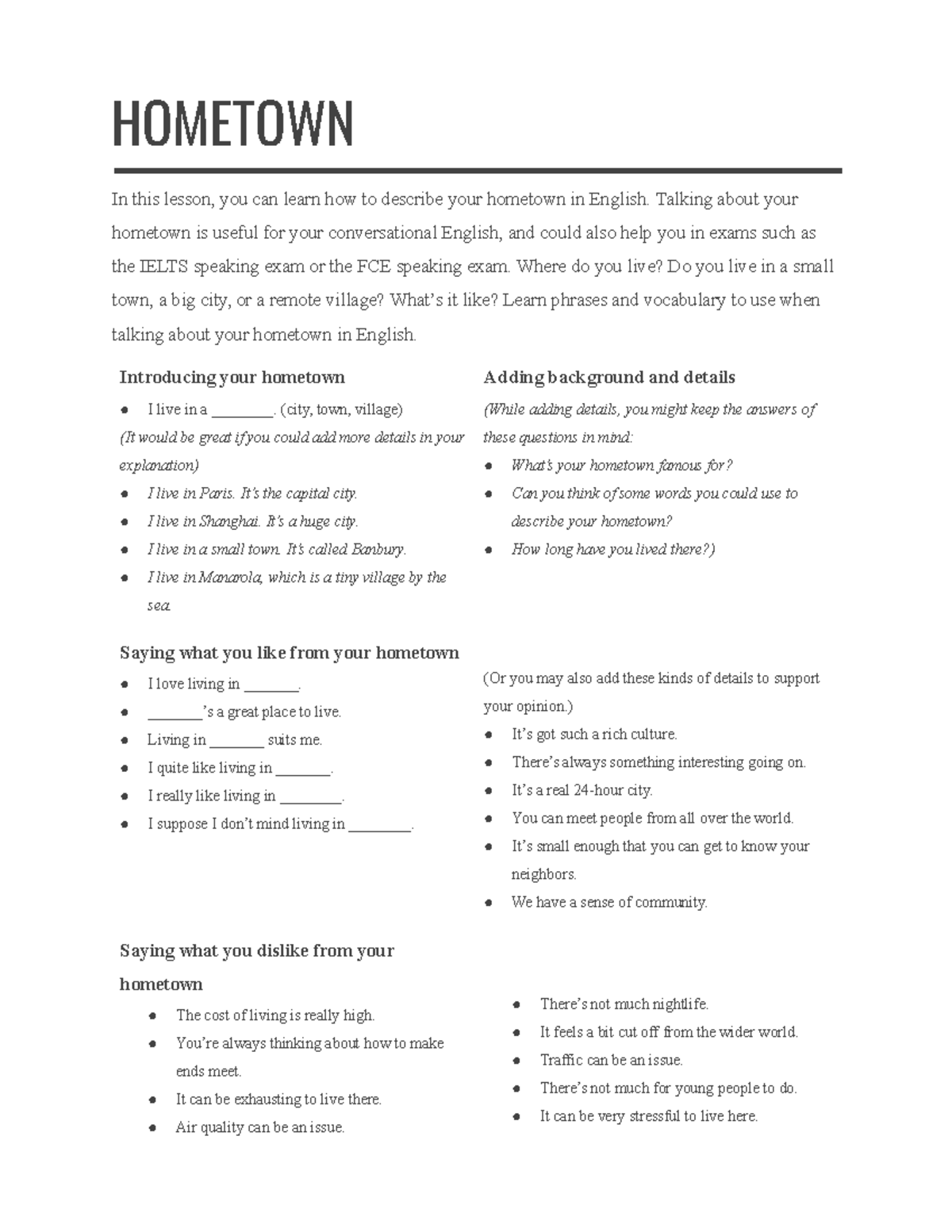 Hometown - ajksfhkasfh - HOMETOWN In this lesson, you can learn how to ...