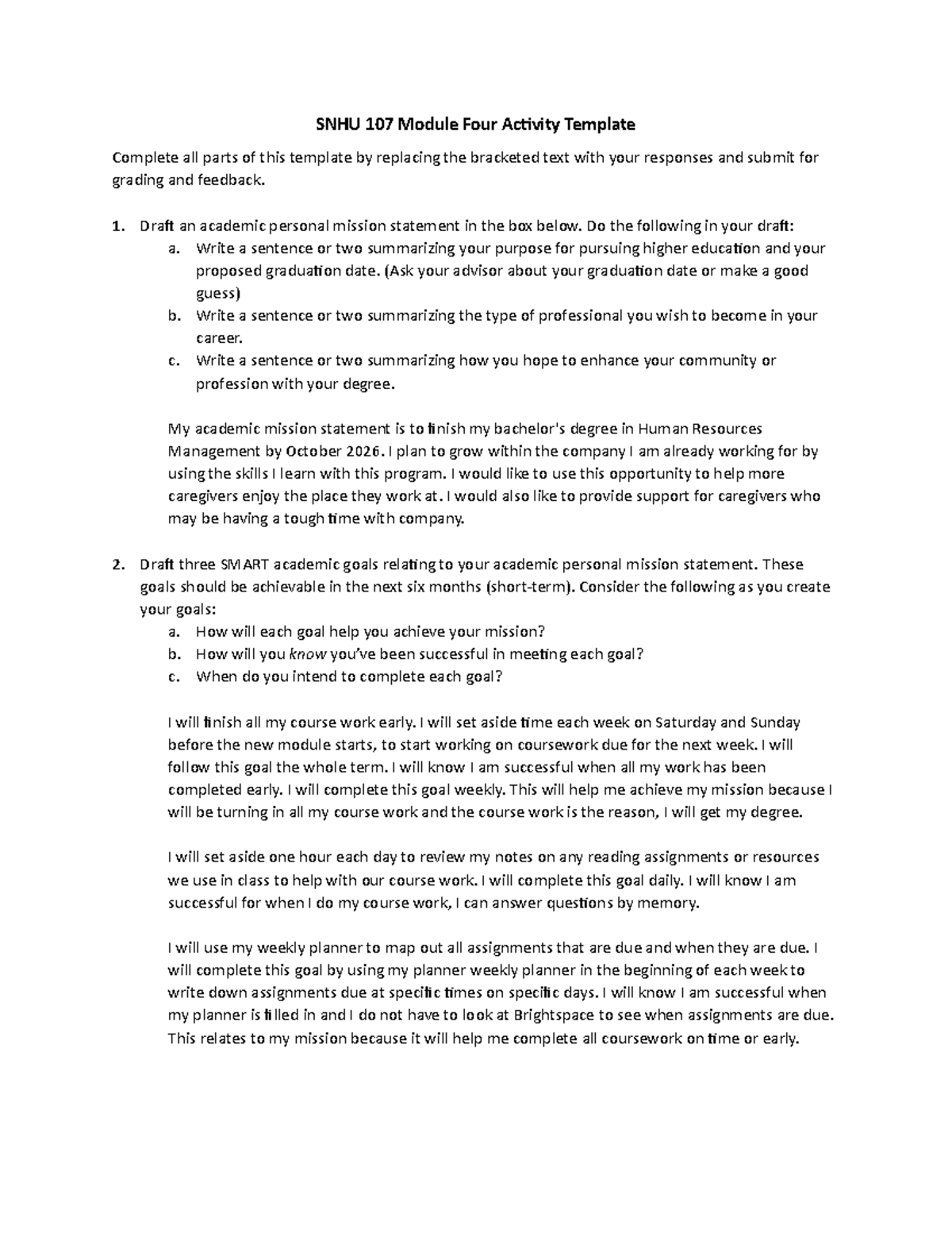 SNHU 4-2 Mission and goals - SNHU 107 Module Four Activity Template ...