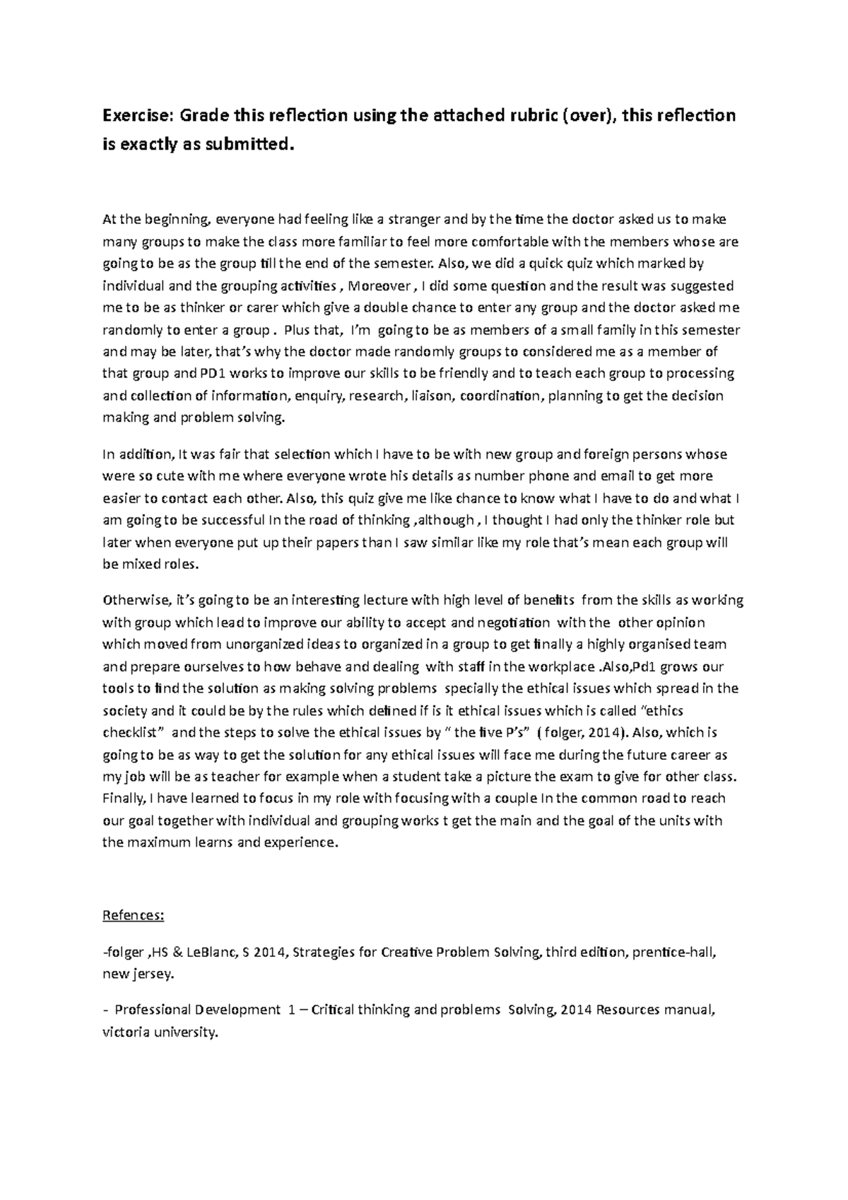 Reflection Example-grading - Exercise: Grade this reflection using the ...