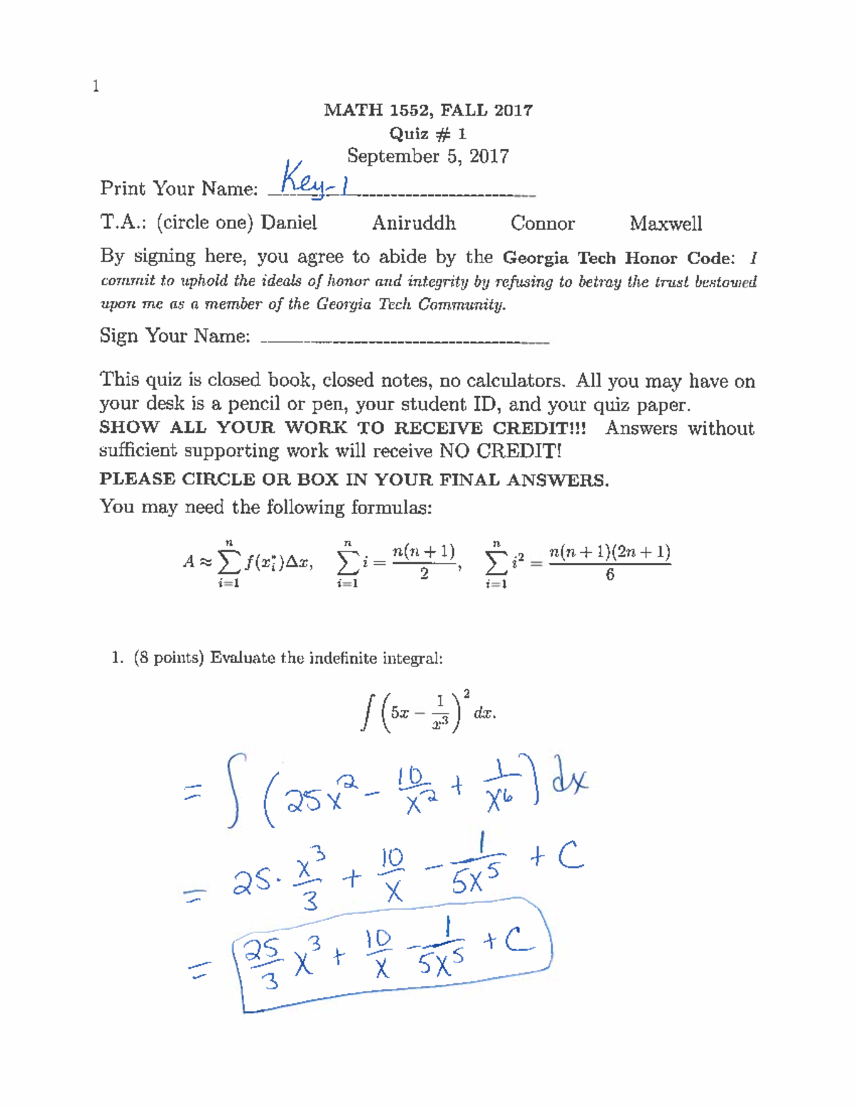 Quiz1 fa17 - Practice Quizzes - MATH1552 - Studocu