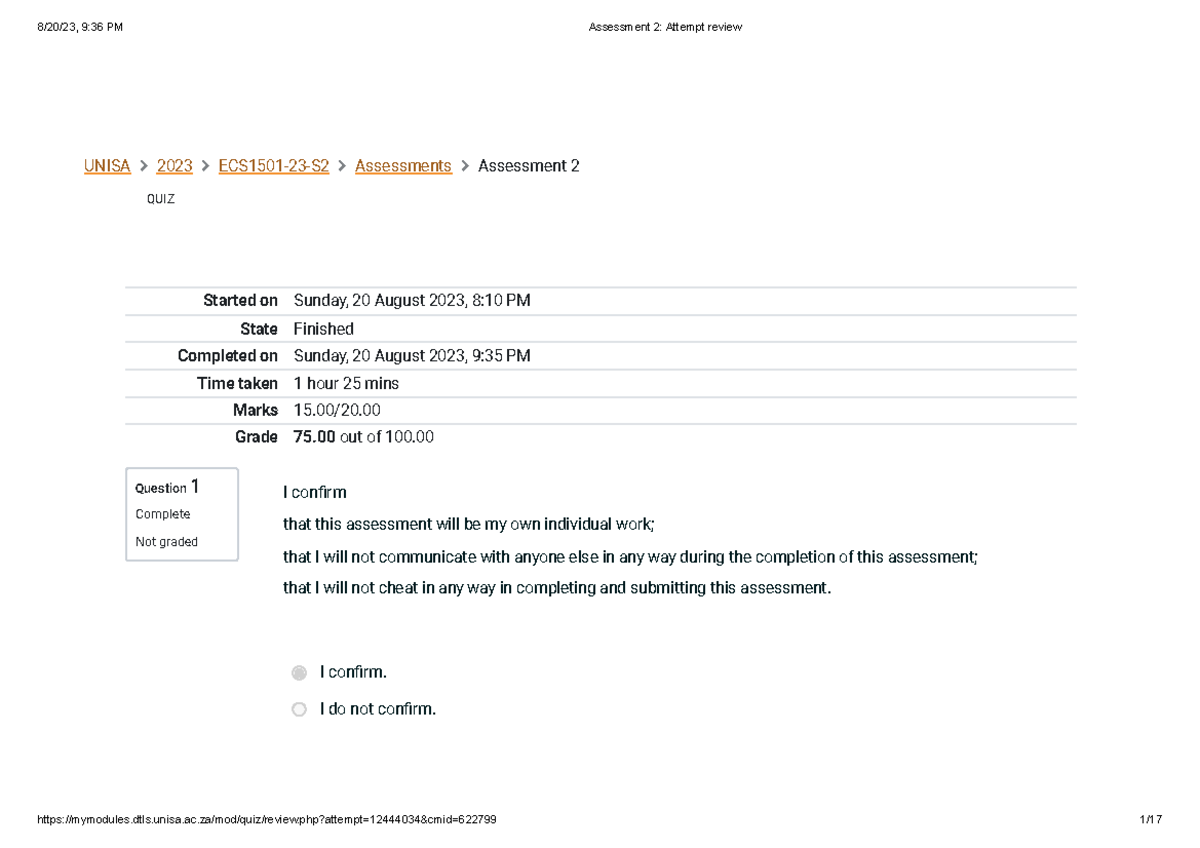 ECS Assessment 2 Attempt review - UNISA 2023 ECS1501-23-S2 Assessments ...