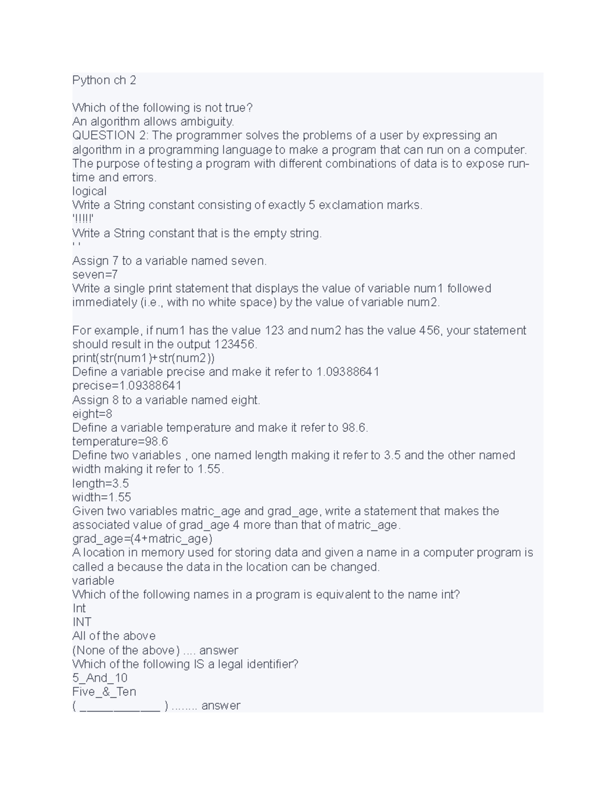Python Ch 2 Python Ch 2 Which Of The Following Is Not True An Algorithm Allows Ambiguity