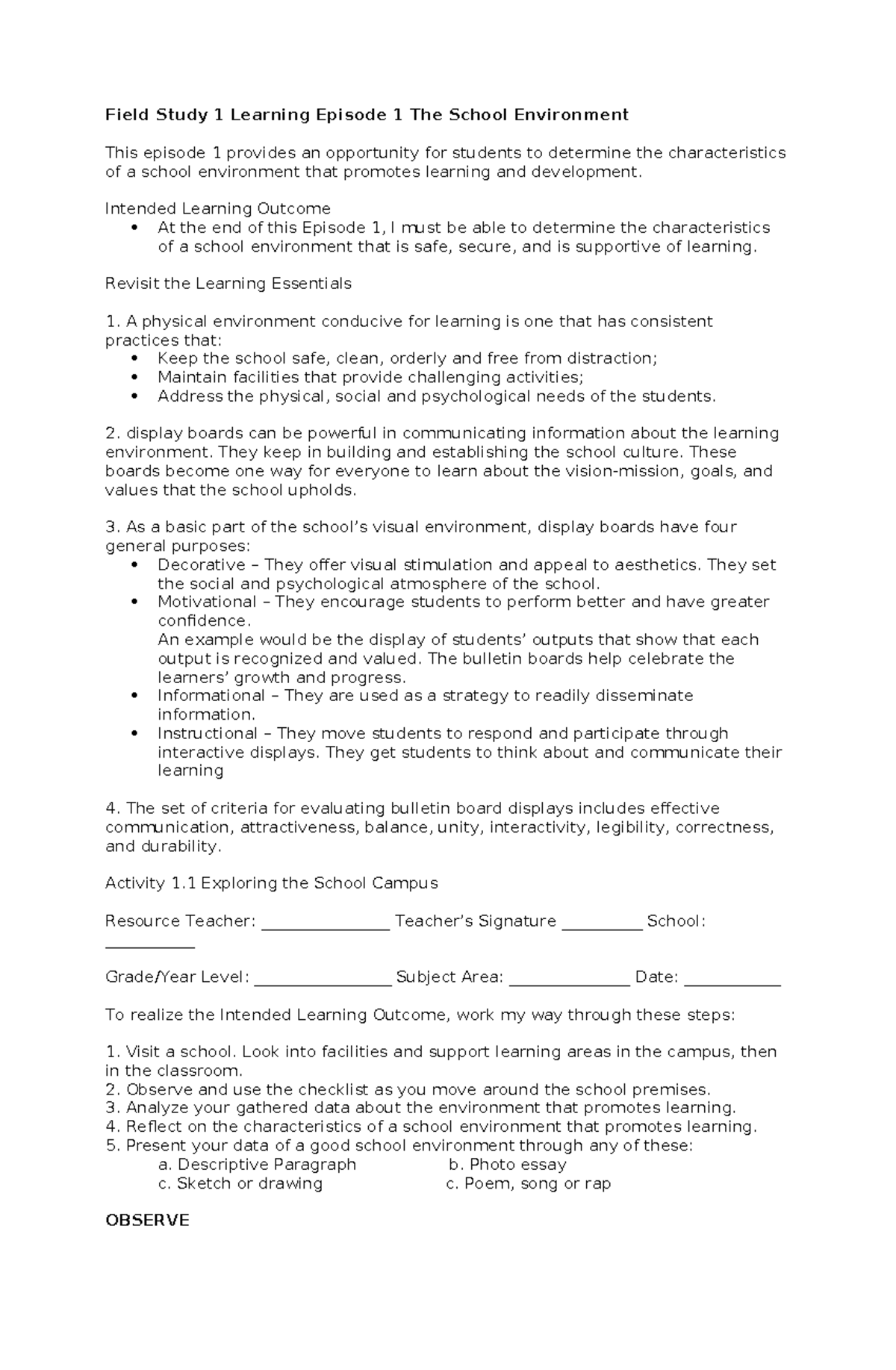 Fied Studyyyyyyyyyyy - Field Study 1 Learning Episode 1 The School ...