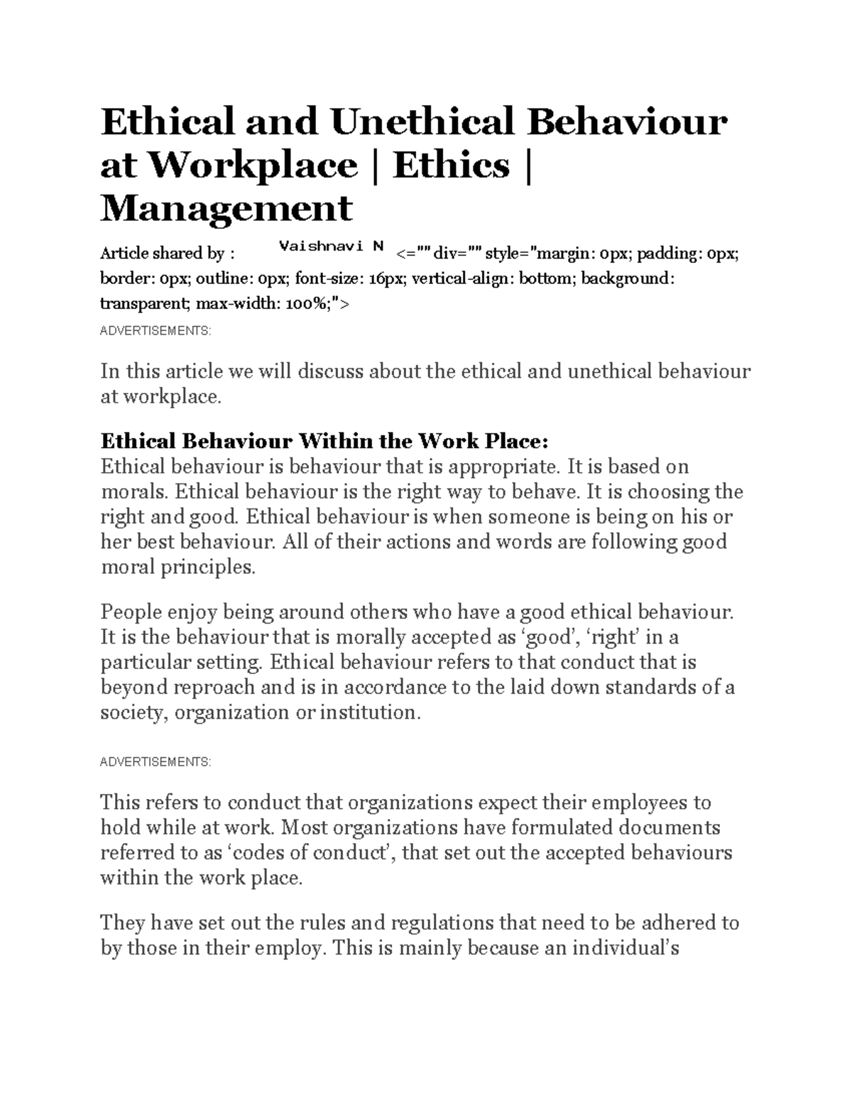 Ethical Behaviour at Workplace - Ethical and Unethical Behaviour at ...