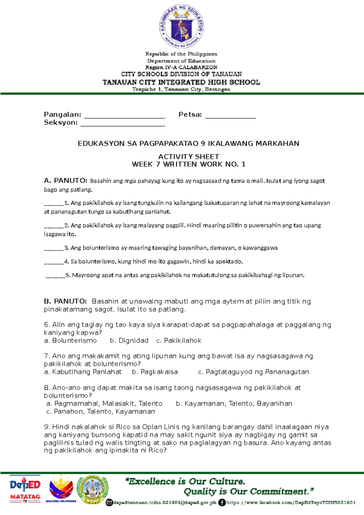 Activity week 7 8 - REVIEW - Pangalan: ________________________ Petsa: _______________ Seksyon ...