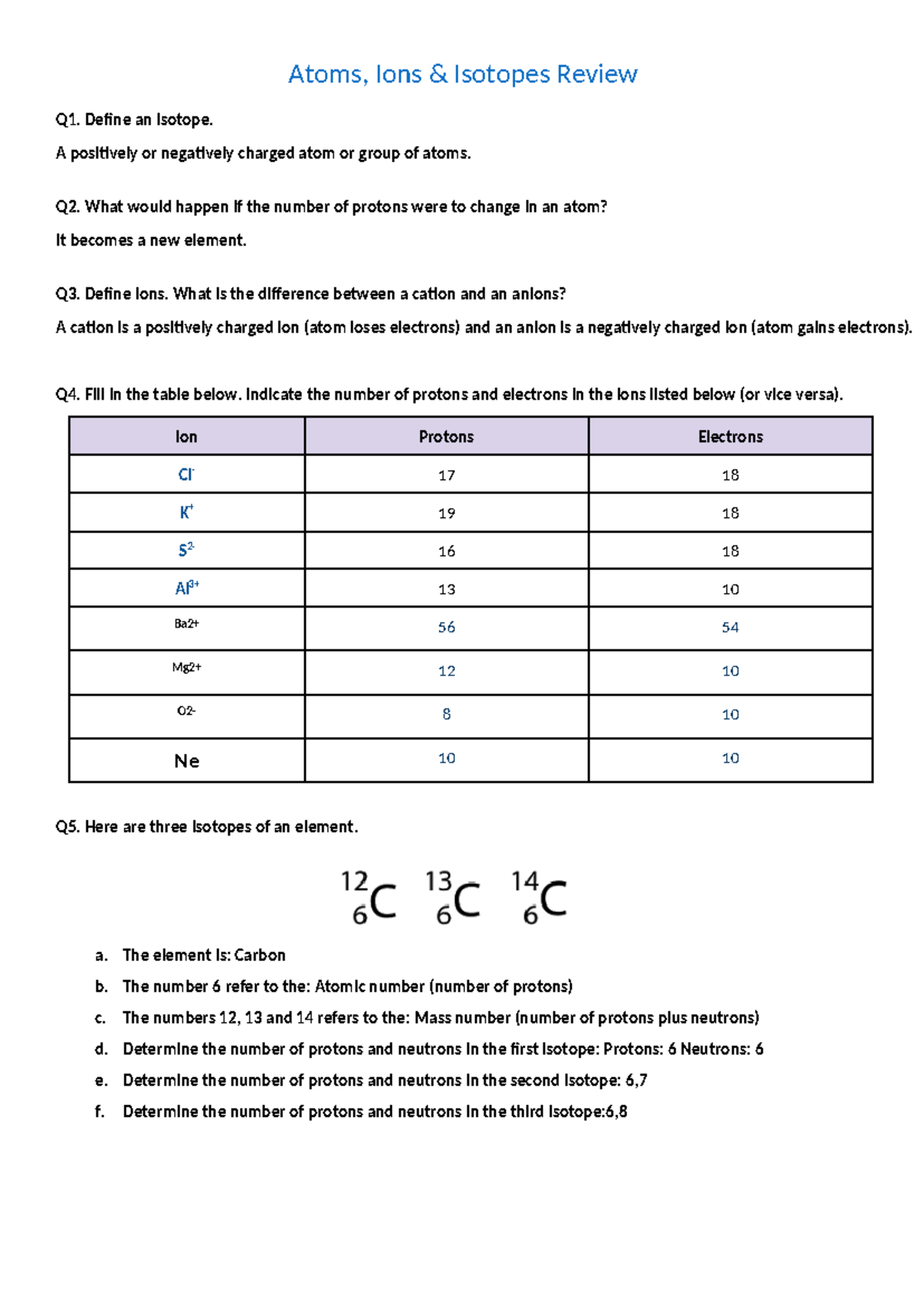 Copy of Ions Worksheet - maths is fun - Atoms, Ions & Isotopes Review ...