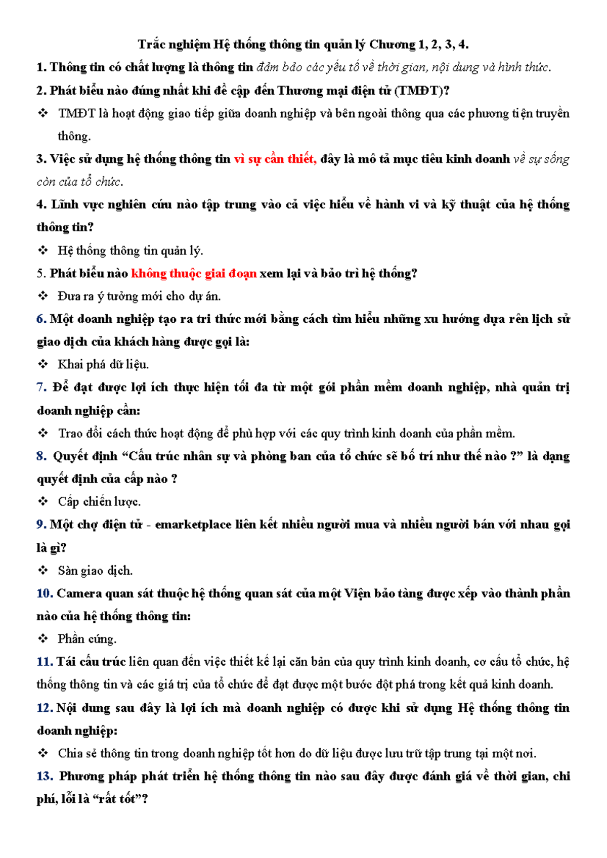 Trắc nghiệm Hệ thống thông tin quản lý Chương 1 - Trắc nghiệm Hệ thống thông tin quản - Studocu