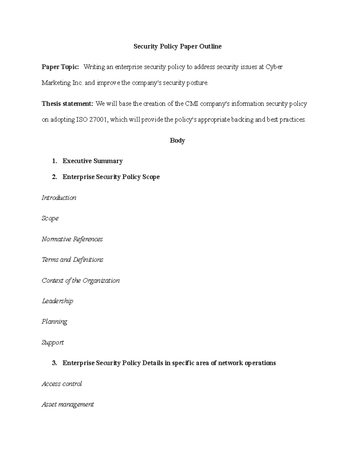 Literature coursework - Security Policy Paper Outline Paper Topic ...