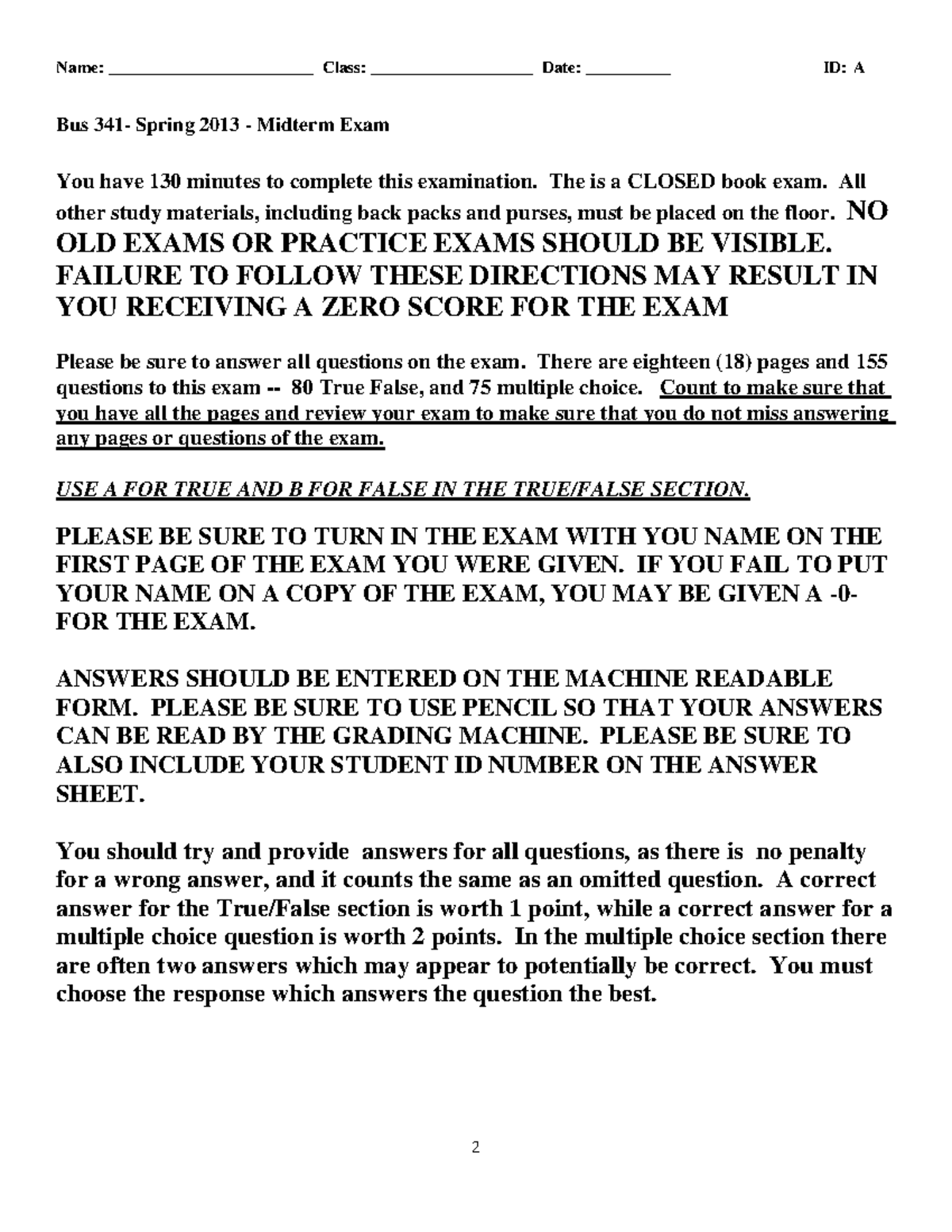 Exam View - 341 Spring 2013 Midterm Exam.scrambled - Name: ________________________ Class: - Studocu
