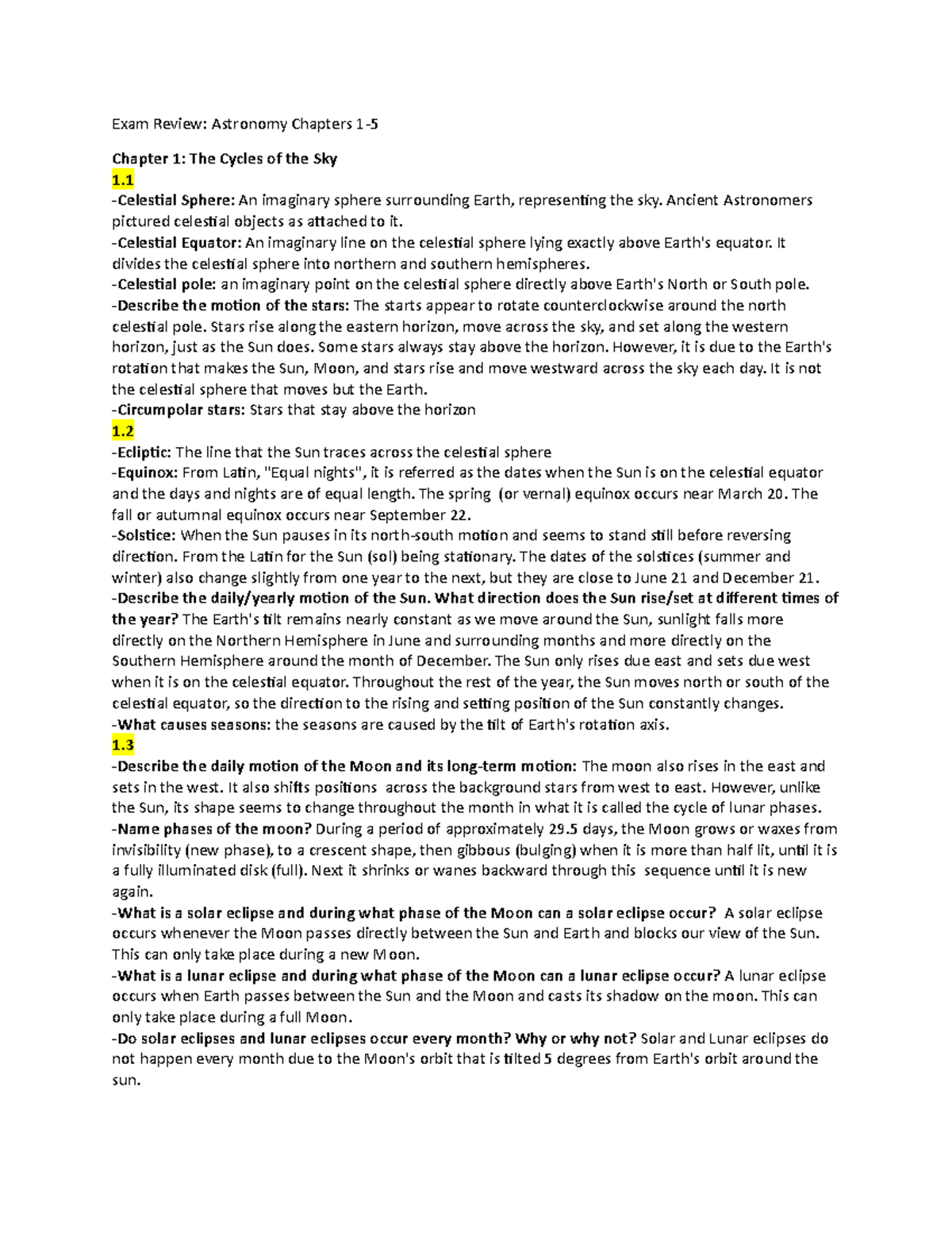 Astronomy Exams Review - Exam Review: Astronomy Chapters 1- Chapter 1 ...