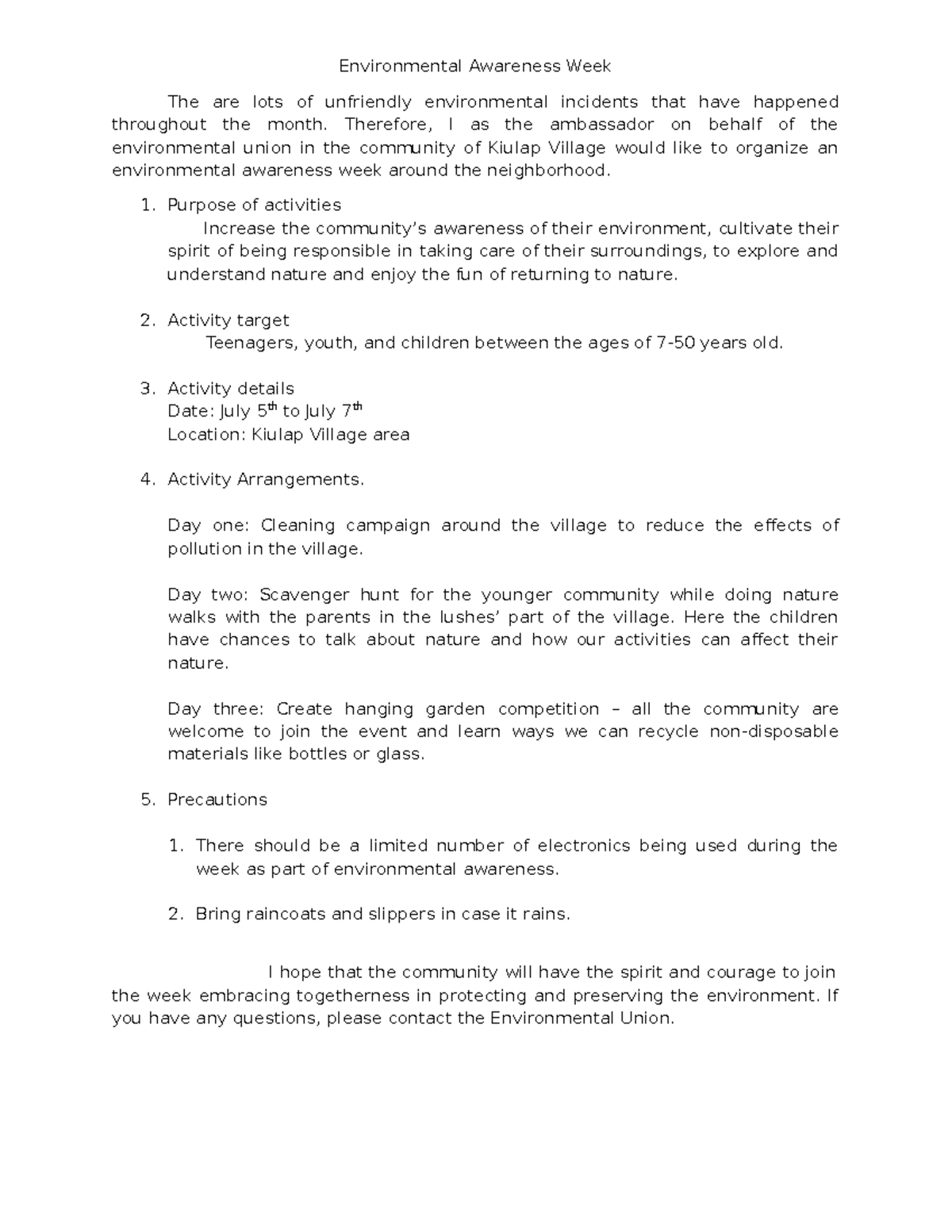 Environmental Awareness Week Brochure - Environmental Awareness Week ...