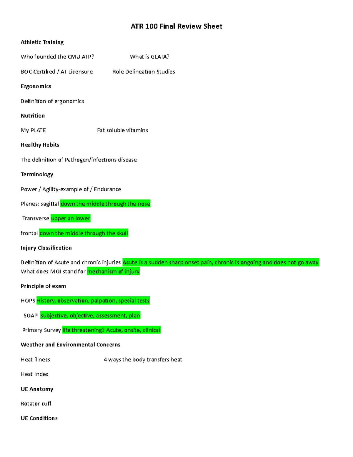 ATR 100 Final Review Sheet 2018 - ATR 100 Final Review Sheet Athletic ...