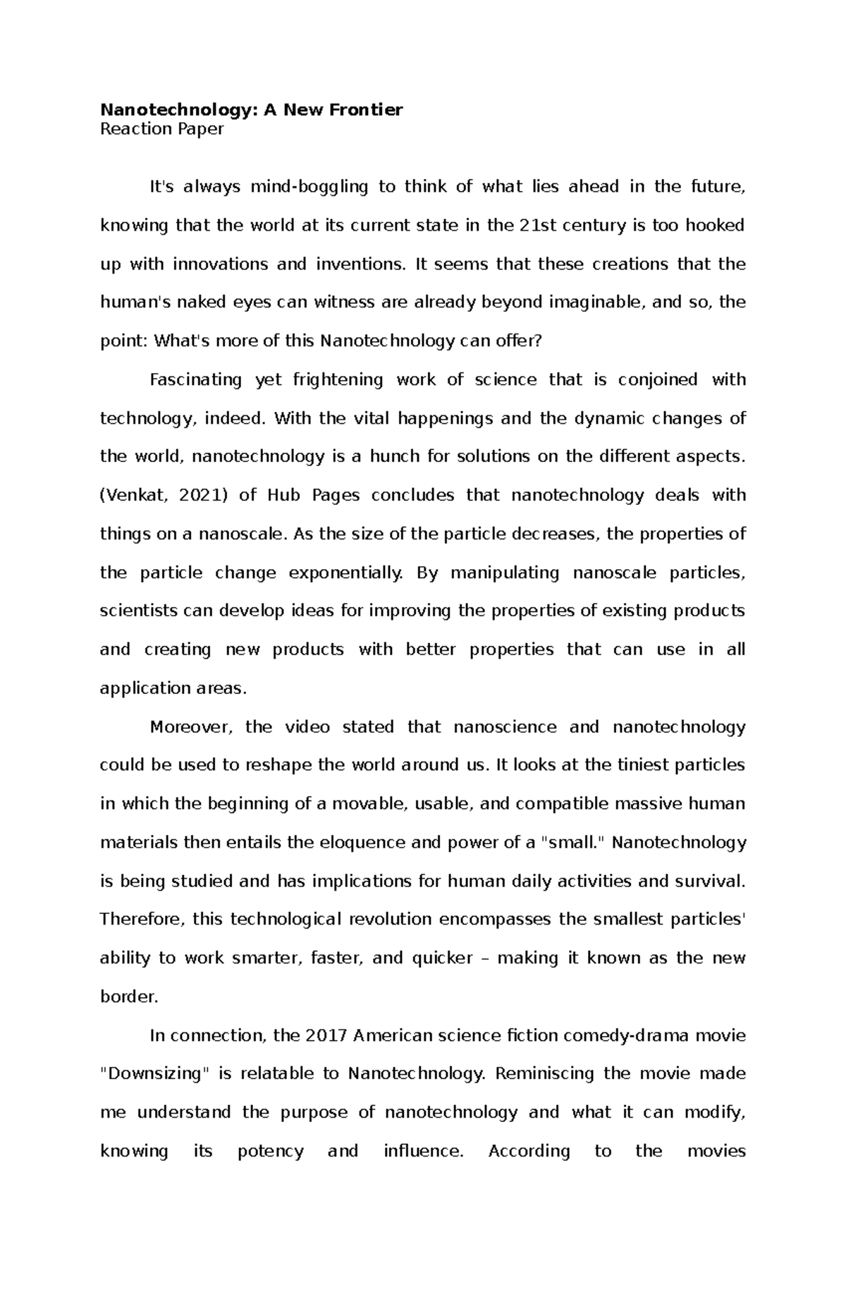 Science, Technology, and Society: Nanotechnology Reaction Paper ...