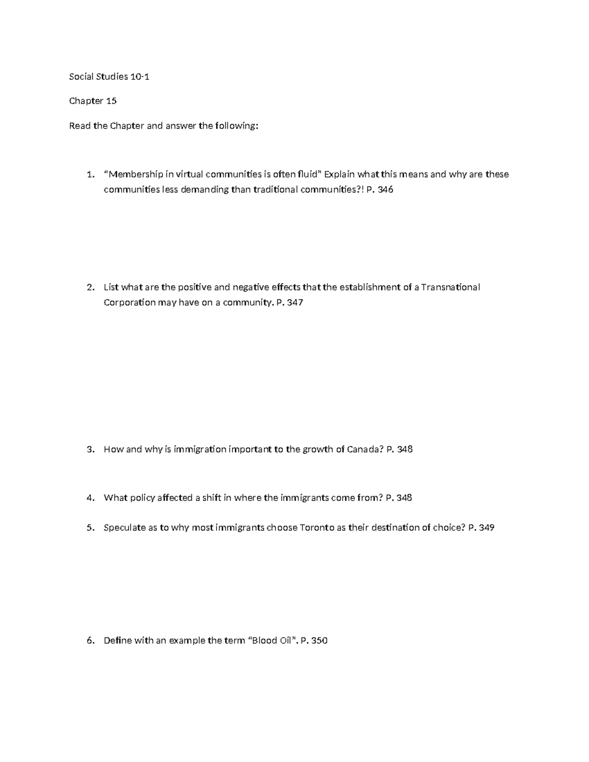 Chap. 15 worksheet - Social studies chapter 15 - Social Studies 10 ...