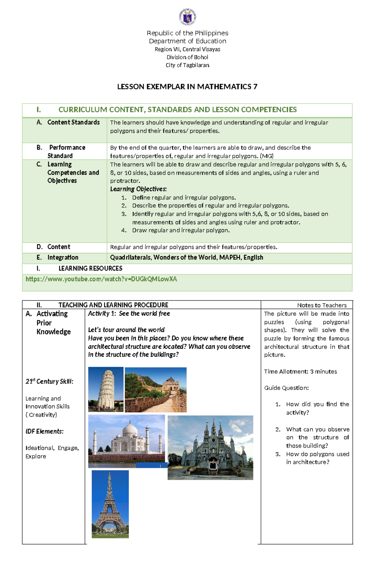 Lesson Exemplar - Republic of the Philippines Department of Education Region VII, Central ...